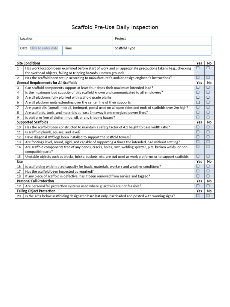 Daily Scaffold Inspection Checklist | PDF | Scaffolding | Mechanical ...