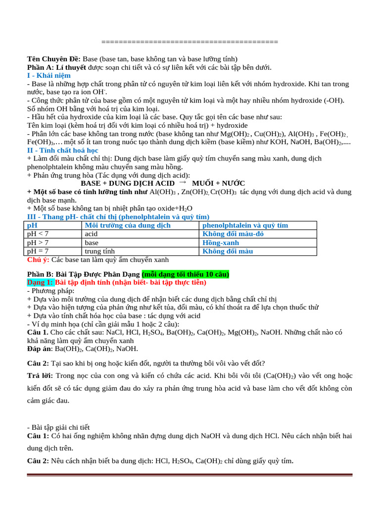 Chuyên Đề 25 - Base (Base Tan, Base Không Tan Và Base Lưỡng Tính) | PDF