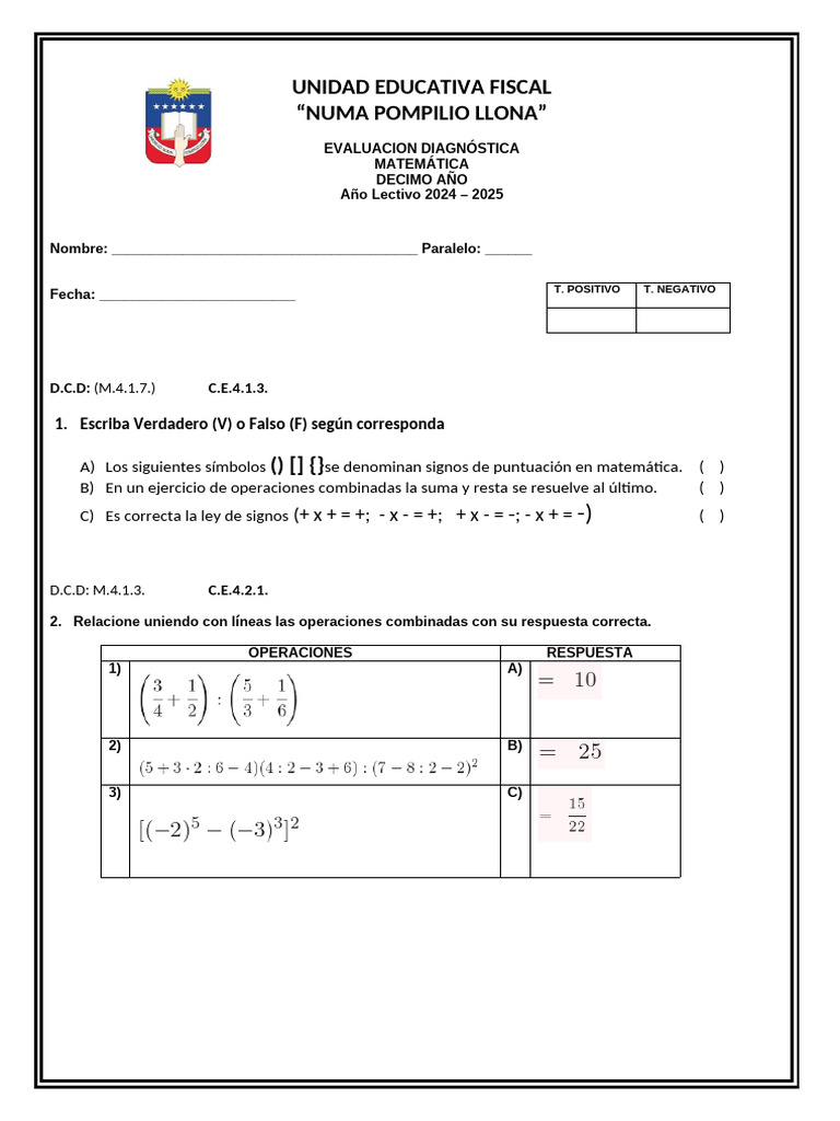 Prueba de Diagnostico Décimo Egb 2024 - 2025 Corregida | PDF | Ecuaciones | Análisis matemático