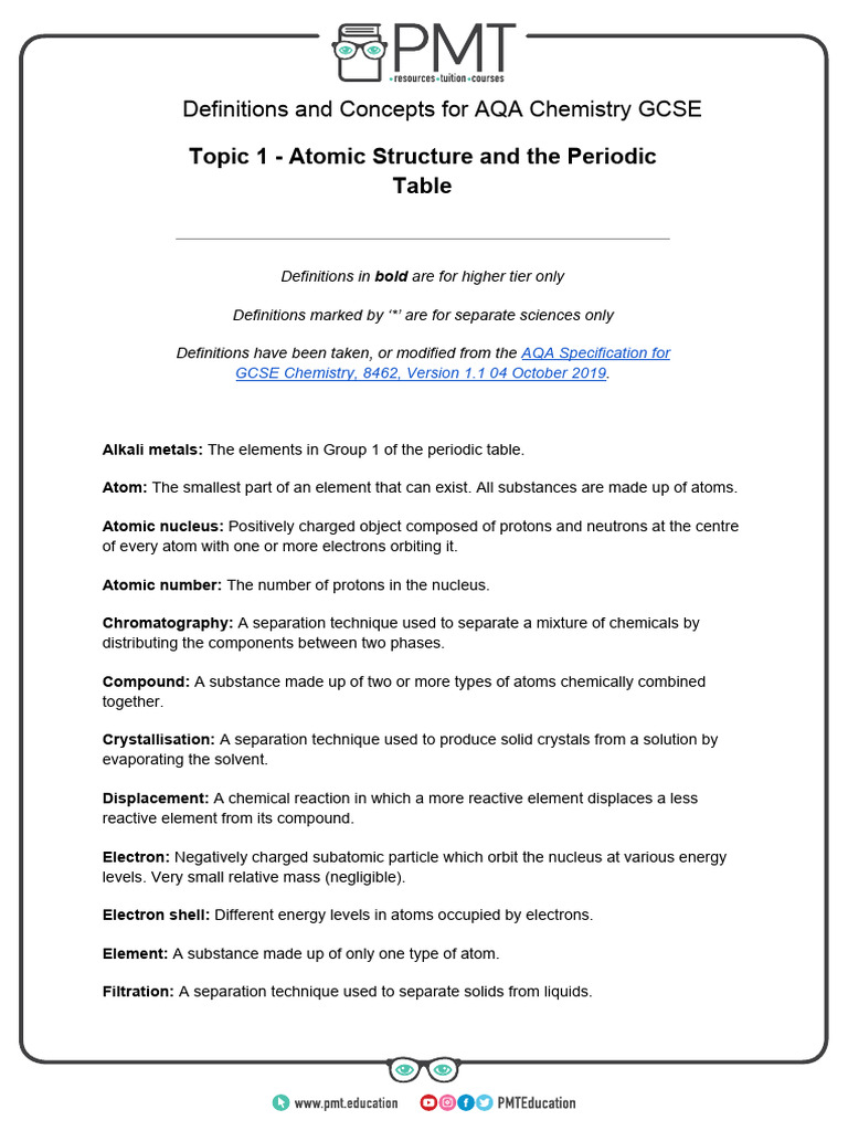 AQA GCSE Chemistry Key Definitions | PDF | Reaction Rate | Mole (Unit)