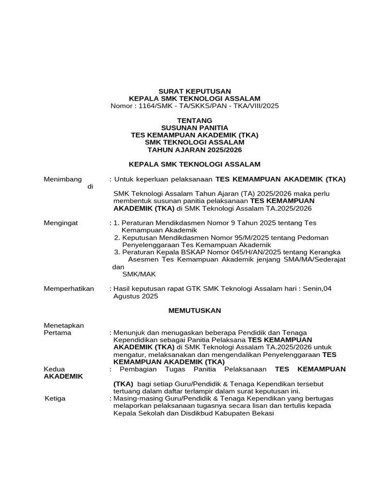 SK Panitia TKA SMK Teknologi Assalam 2025 | PDF