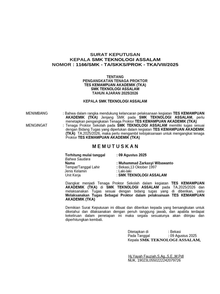 Surat Keputusan Proktor TKA 2025 | PDF