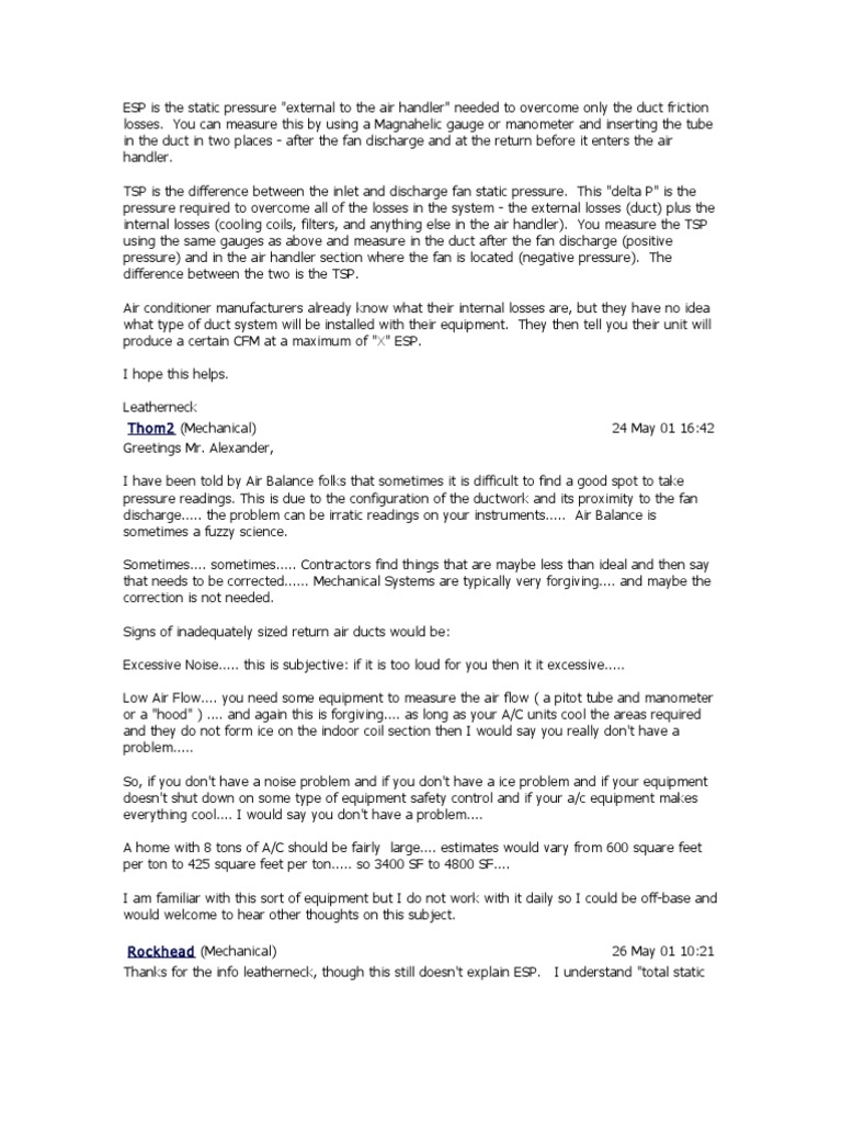 ESP Is The Static Pressure | PDF | Duct (Flow) | Hvac