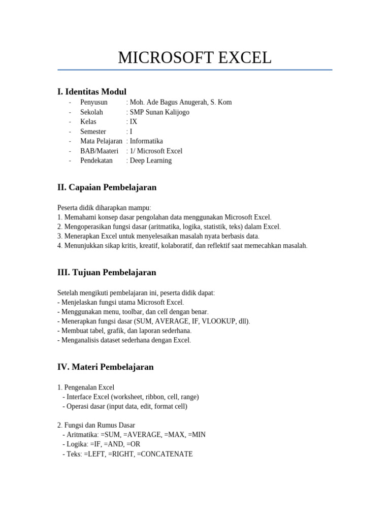 Pembelajaran Microsoft Excel untuk SMP | PDF