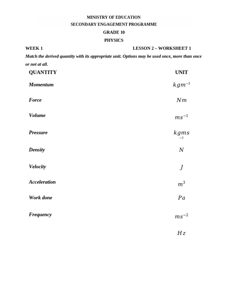 Grade 10 Physics Worksheet: Units Matching | PDF | Force | Momentum