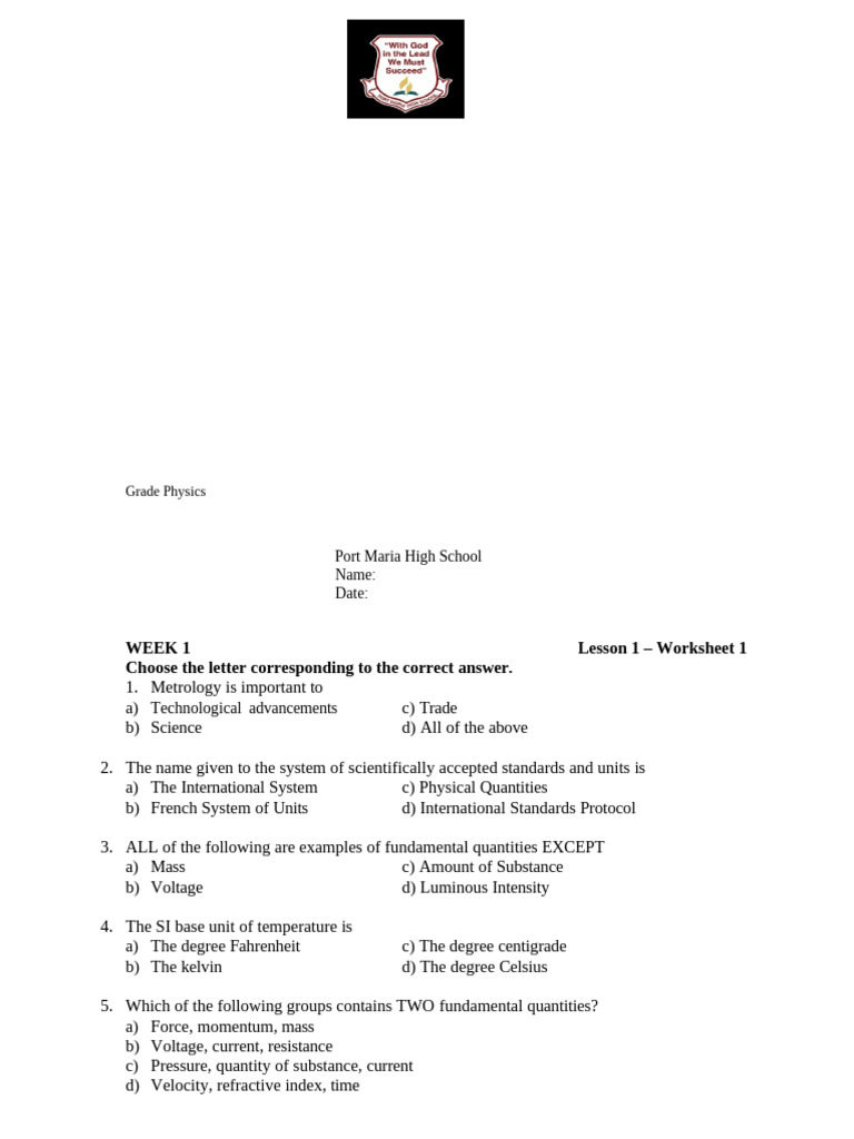 Grade 10 Physics Week 1 Lesson 1 Worksheet 1 and Answersheet SEPT 2024 | PDF | Celsius ...
