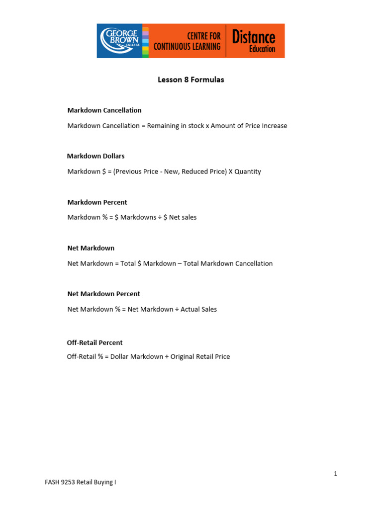 Lesson 8 Formulas | PDF