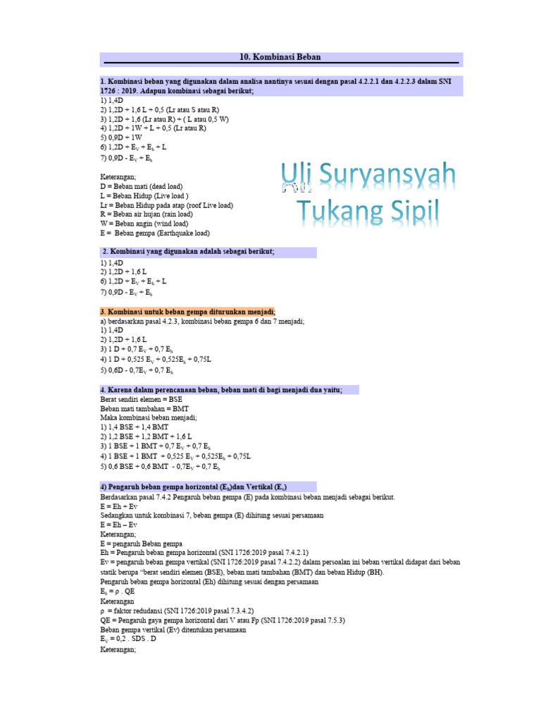 Turunan Kombinasi Beban Sni 1726 2019 Etabs Uli | PDF