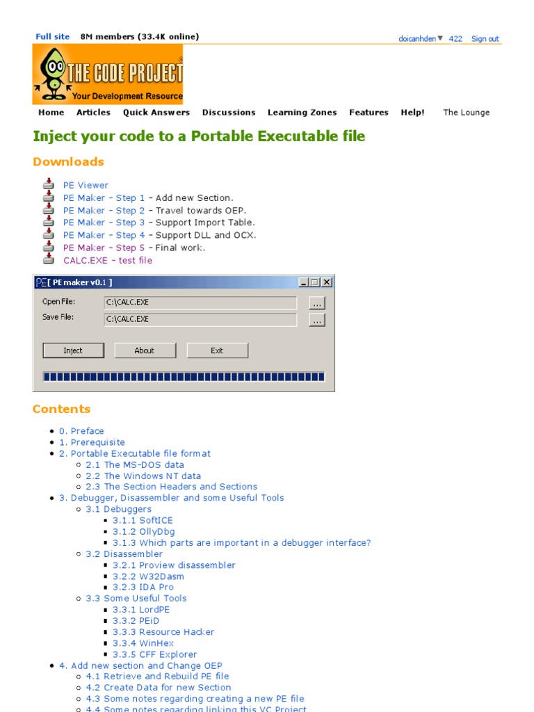 Inject Your Code To A Portable Executable File - CodeProject® | PDF | Operating System ...