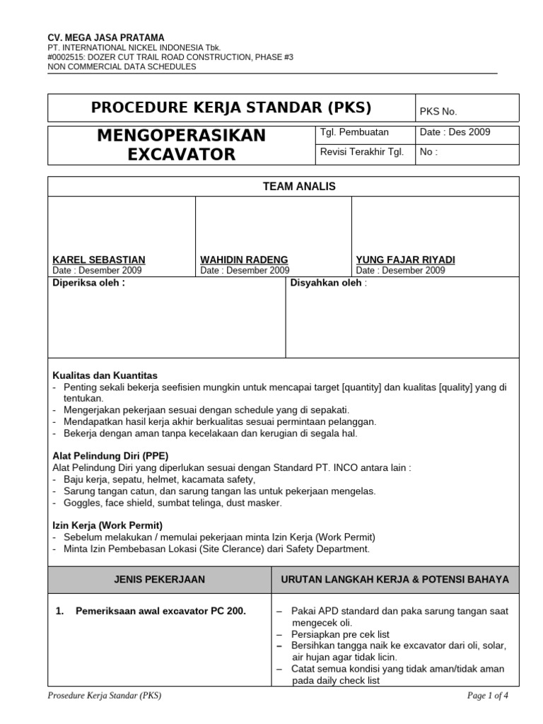 Prosedur Standar Operasi Excavator | PDF