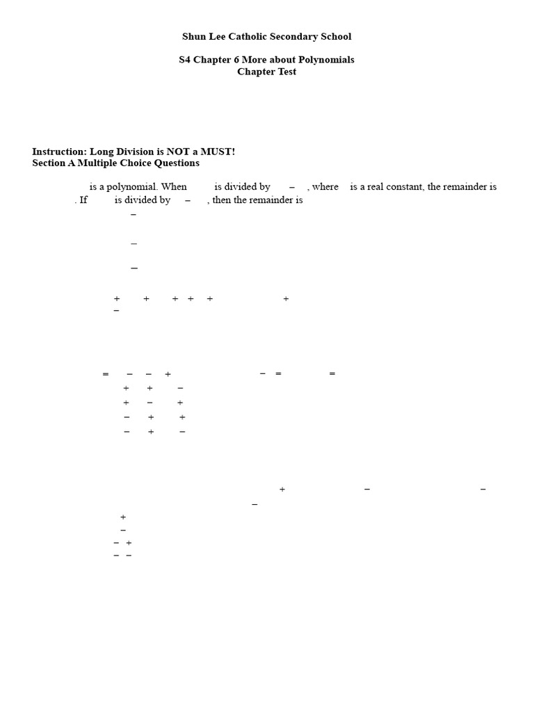 S4 Chapter 6 More About Polynomial Chapter Test | PDF | Polynomial ...