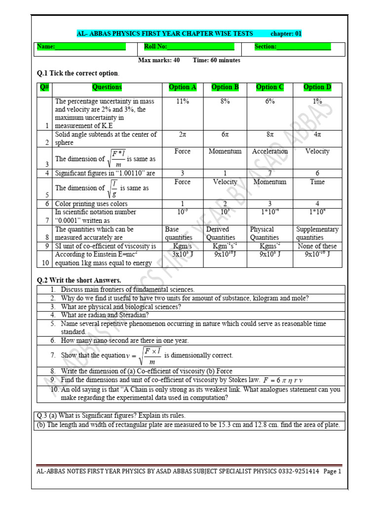 First Year Physics Chapter Tests | PDF | Waves | Diffraction