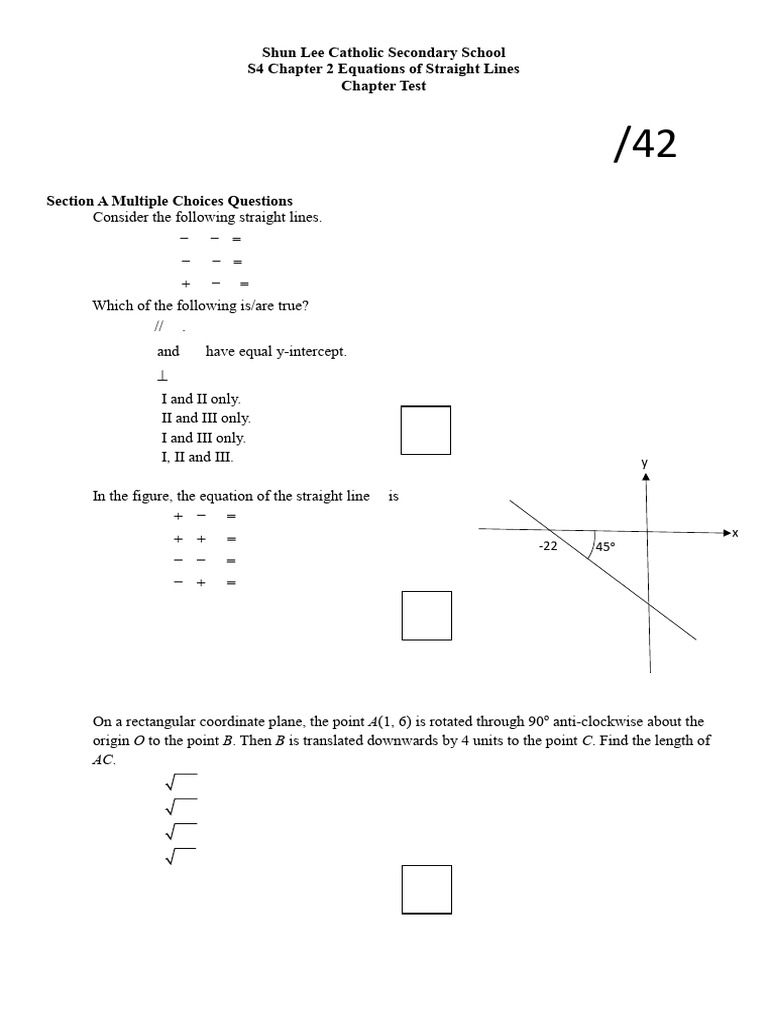 S4 Equations of Straight Lines Test | PDF | Line (Geometry) | Cartesian ...