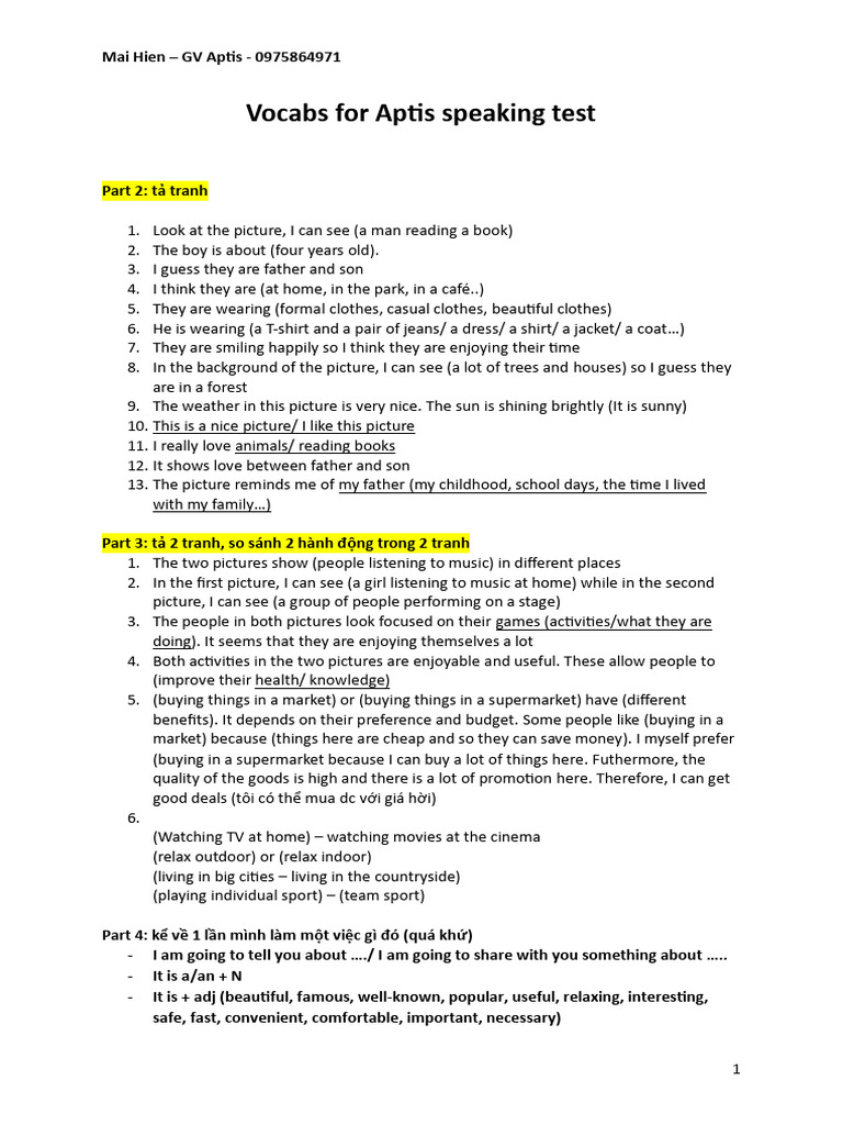 Vocabs For Aptis Speaking Test | PDF