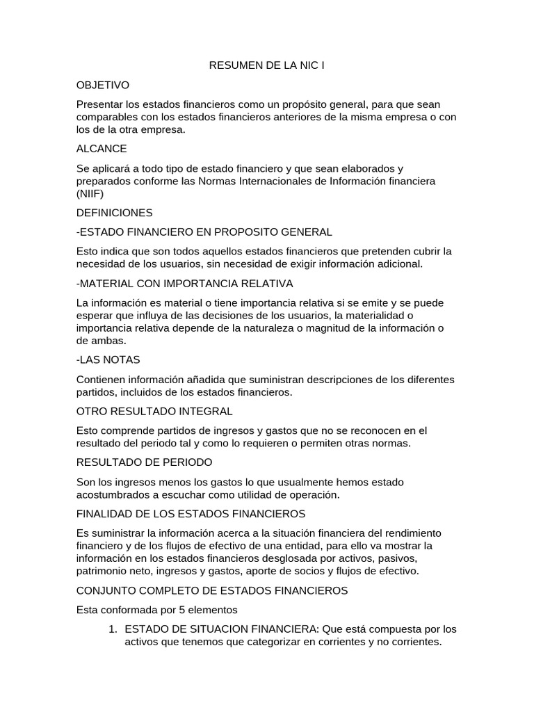 Resumen Nic I | PDF | Estado financiero | normas internacionales de ...