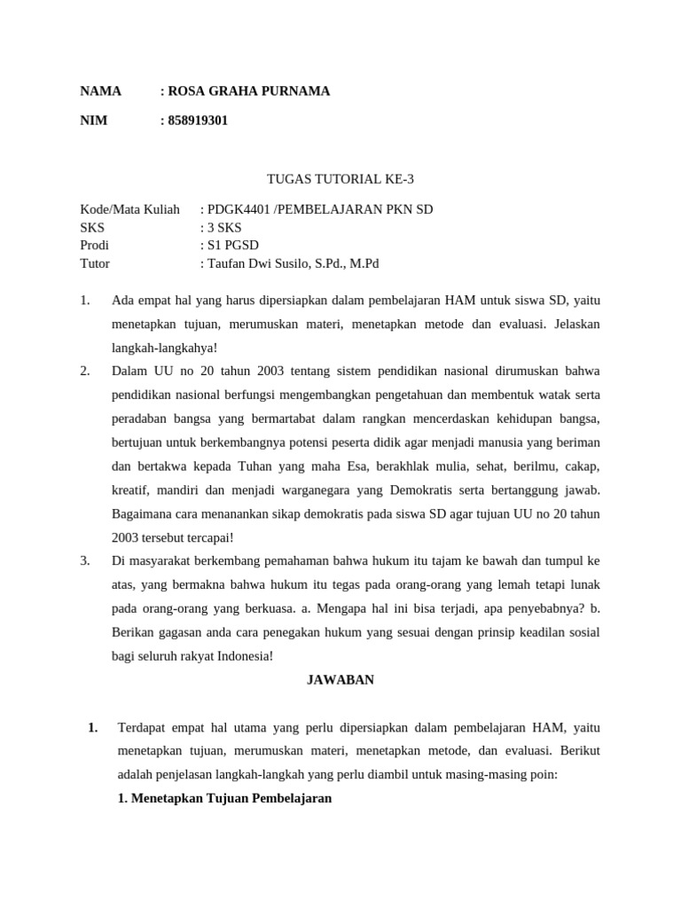 TUGAS TUTORIAL KE 3 Materi Dan Pembelajaran PKN Di SD-1 | PDF