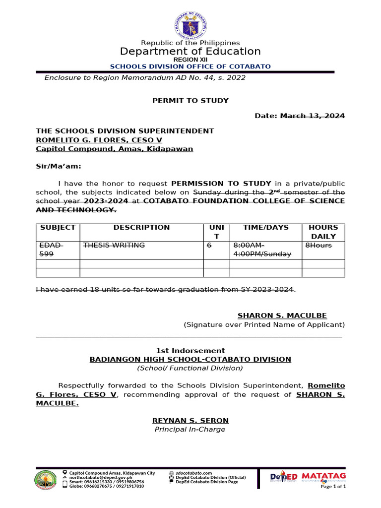 Permit to Study Request - Cotabato 2024 | PDF