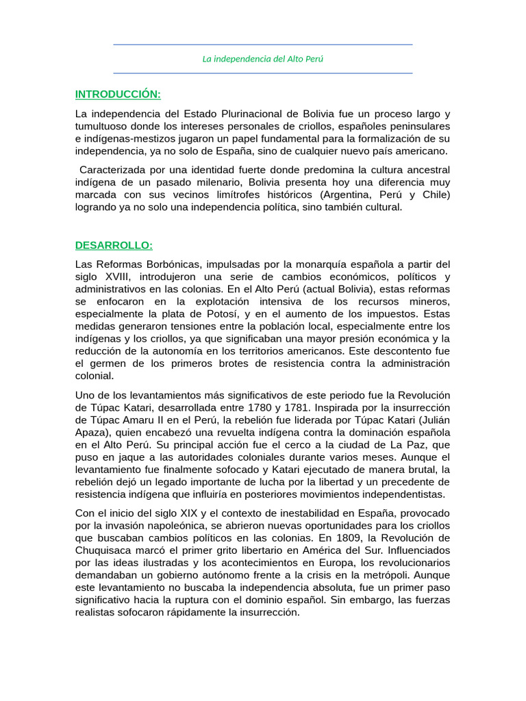 Informe Sobre La Independencia de Bolivia | PDF | Perú | Bolivia