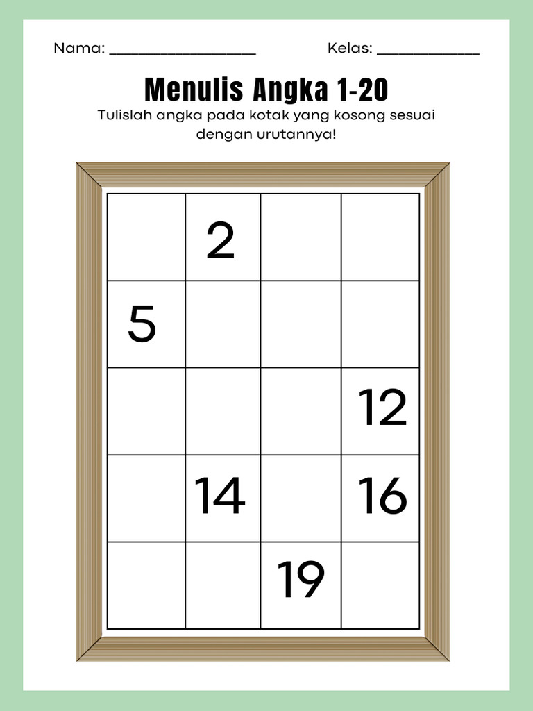 Menulis Angka 1-20 Lembar Kerja Hijau Putih Sederhana | PDF