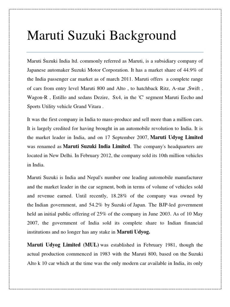 Maruti Suzuki Background: Maruti Udyog Limited (MUL) Was Established in ...