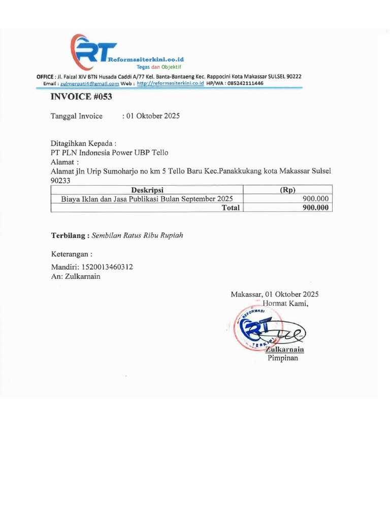Scan Invoice PT PLN Indonesia Power UBP Tello Bulan September 2025 | PDF