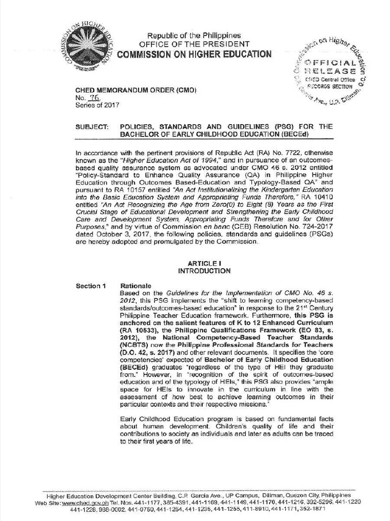 PDF Cmo No 76 S 2017 PSG For Beced Bachelor of Early Childhood ...