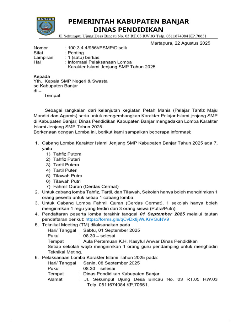 Lomba Karakter Islami SMP 2025 Banjar | PDF