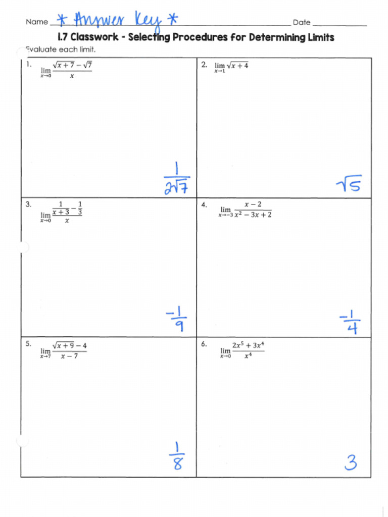 1.7 Classwork - Algebraic Limits KEY | PDF