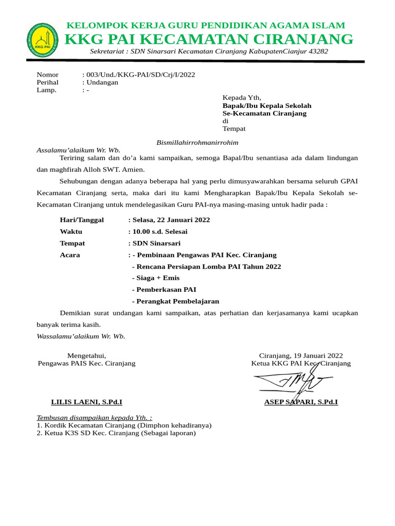 Undangan KKG PAI Ciranjang 2023 | PDF