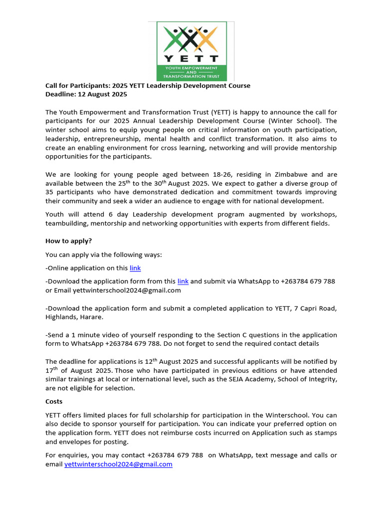 Apply for YETT 2025 Leadership Course | PDF
