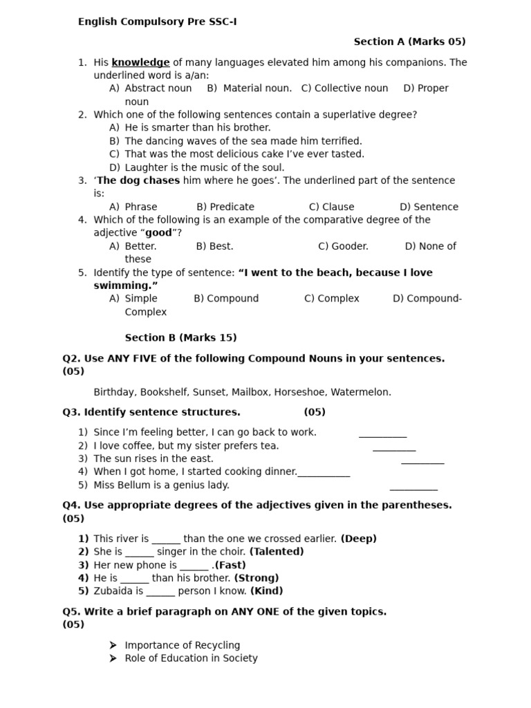 Monthly Grand Test of Class Pre-9th ( (ENGLISH COMPULSORY) ) Containing ...