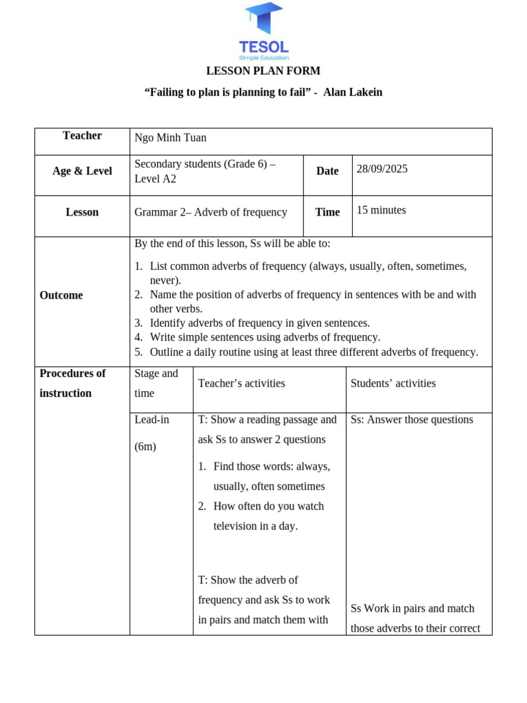 TSE Lesson Plan Final Exam | PDF | Adverb | Learning