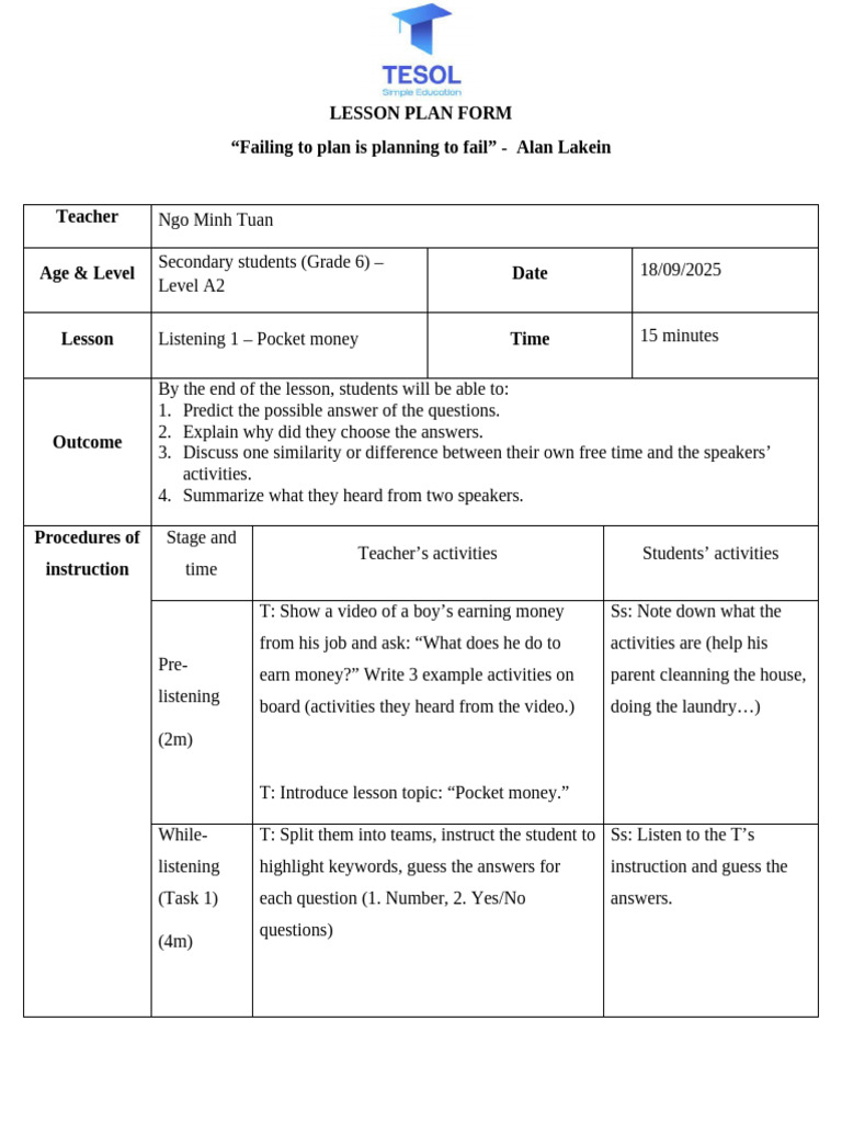 TSE Lesson Plan LISTENING | PDF | Learning | Human Communication