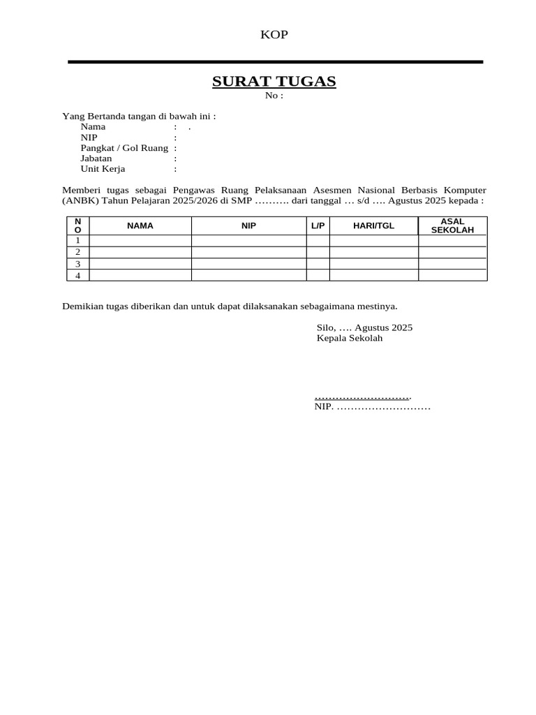 Surat Tugas Pengawas ANBK 2025/2026 | PDF