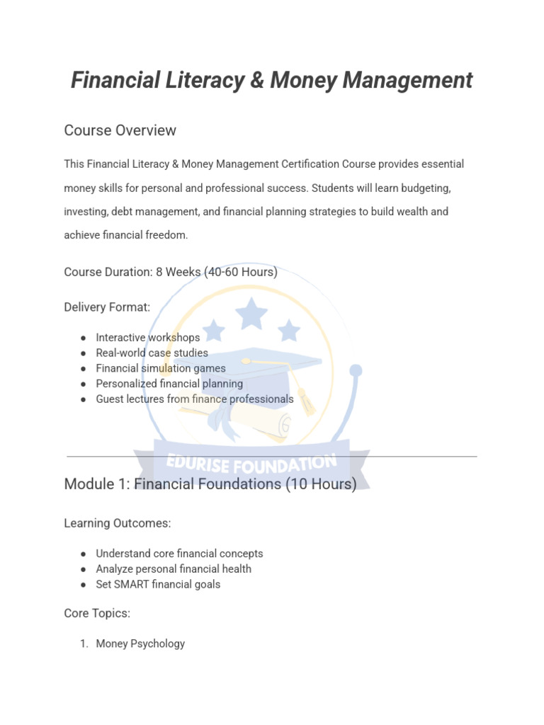 Financial Literacy & Money Management-Syllabus | PDF | Credit | Finance ...