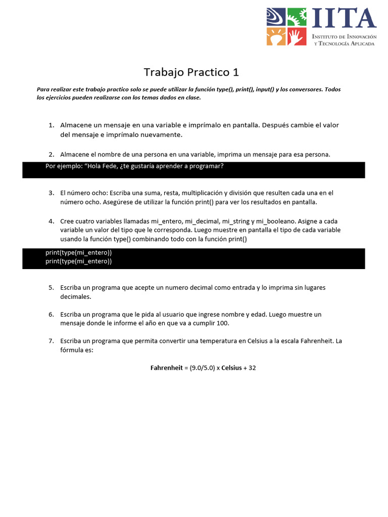 Trabajo Practico 1 Python IITA-SALTA | PDF