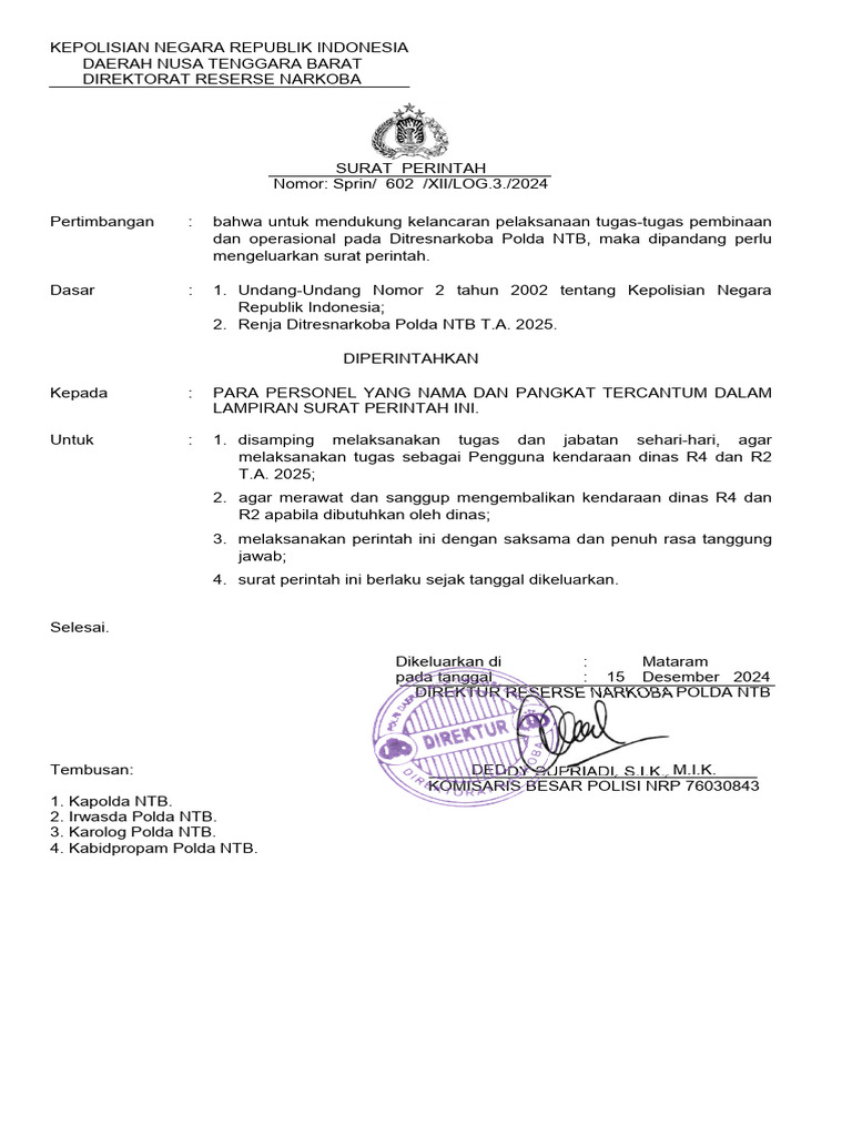 Surat Perintah Penggunaan Kendaraan Dinas | PDF