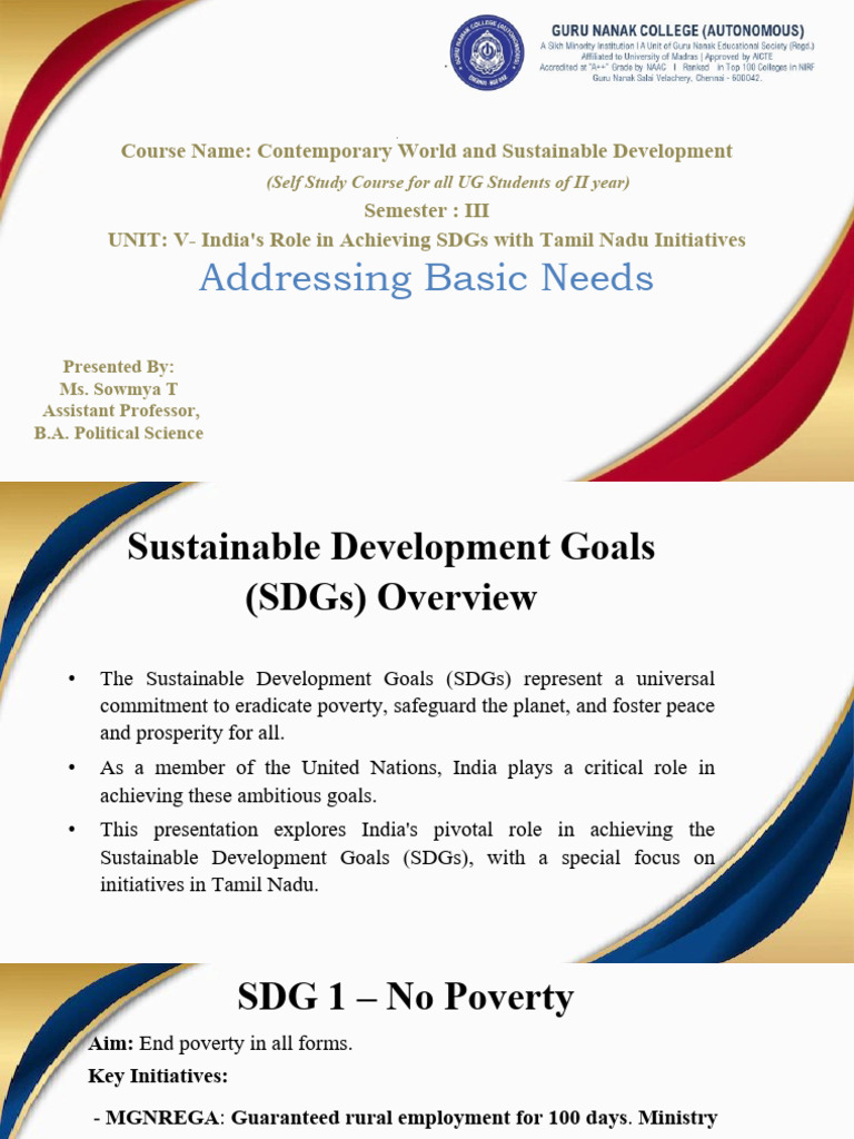 Self Study 1 - Contemporary World and Sustainable Development - Unit V - Addressing Basic Needs ...