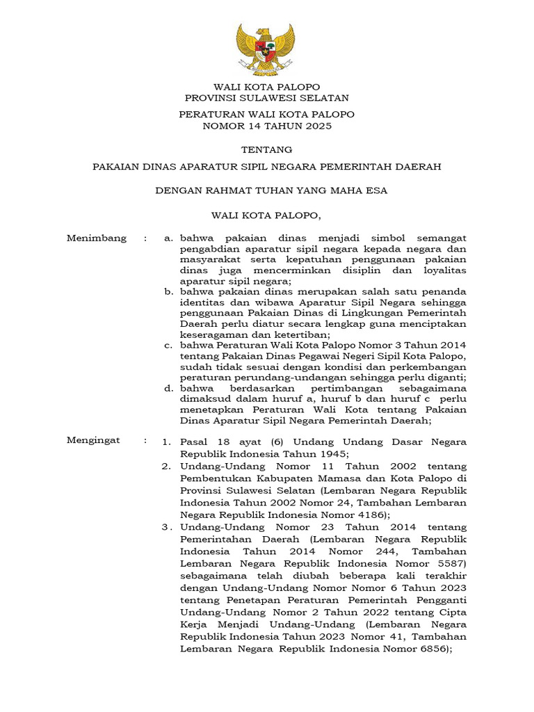 Perwal Nomor 14 Tahun 2025 Tentang Pakaian Dinas Asn Pemda | PDF