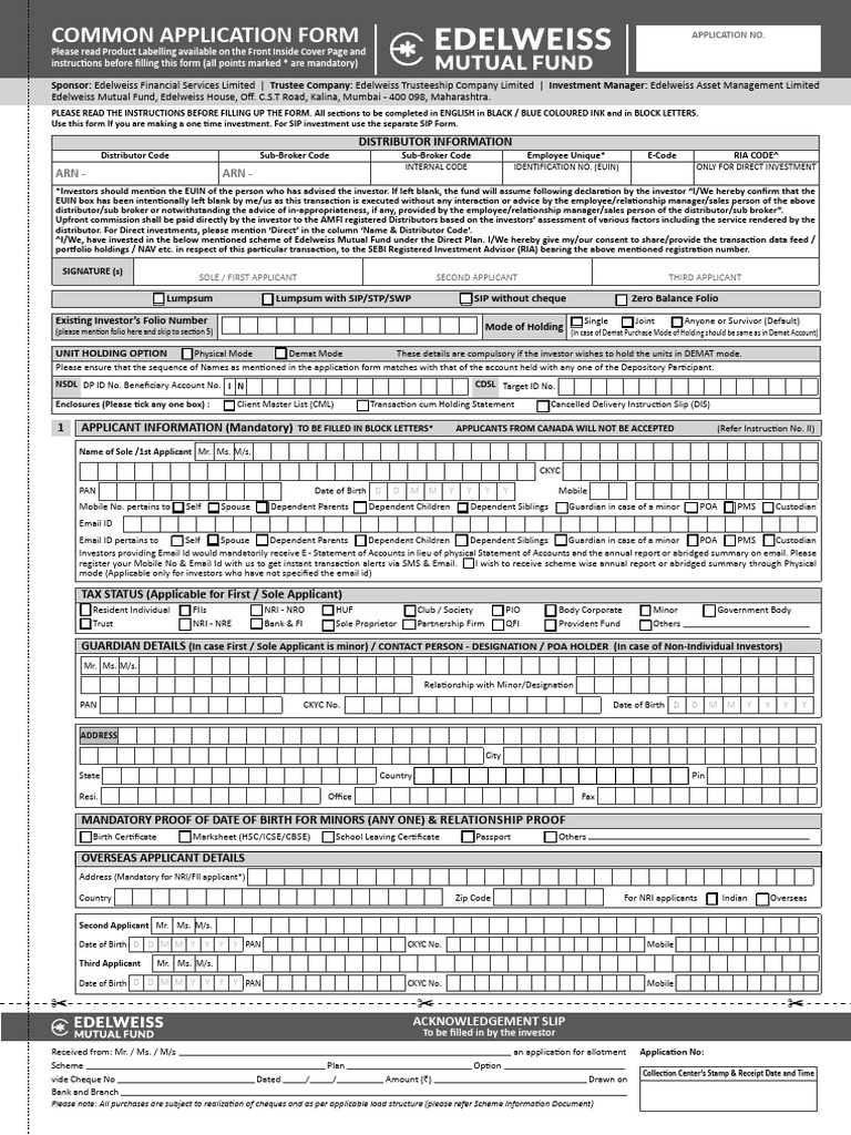 Edelweiss Mutual Fund Application Form | PDF | Cheque | Banks