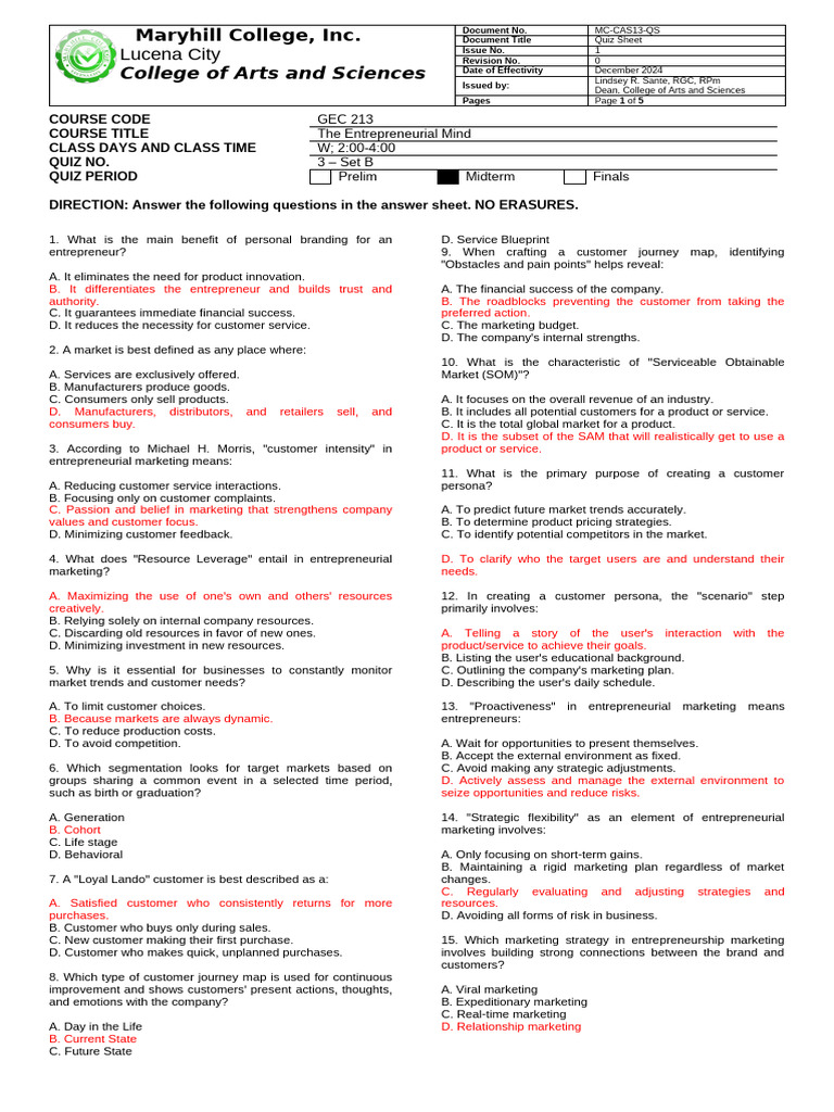 Entrepreneurial Marketing Quiz Sheet | PDF | Marketing | Entrepreneurship