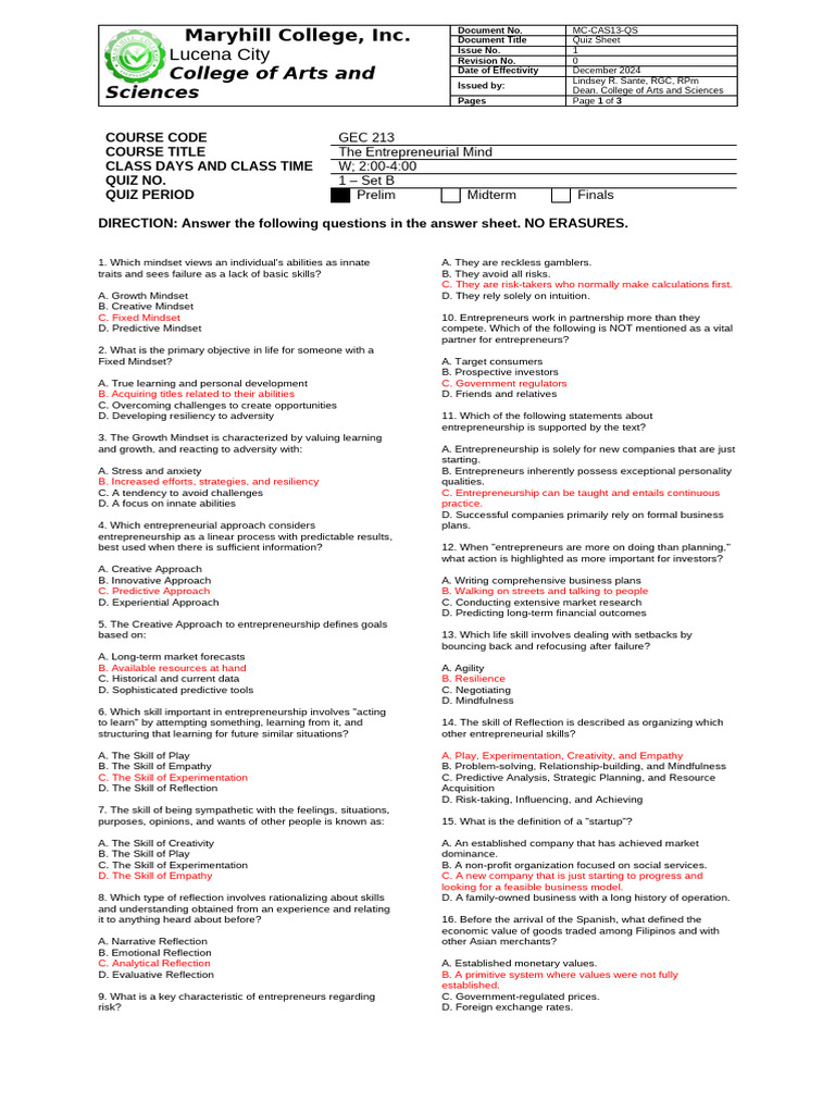 Mc-cas13-Qs Gec 213 Quiz 1 Set B | PDF | Entrepreneurship | Mindset