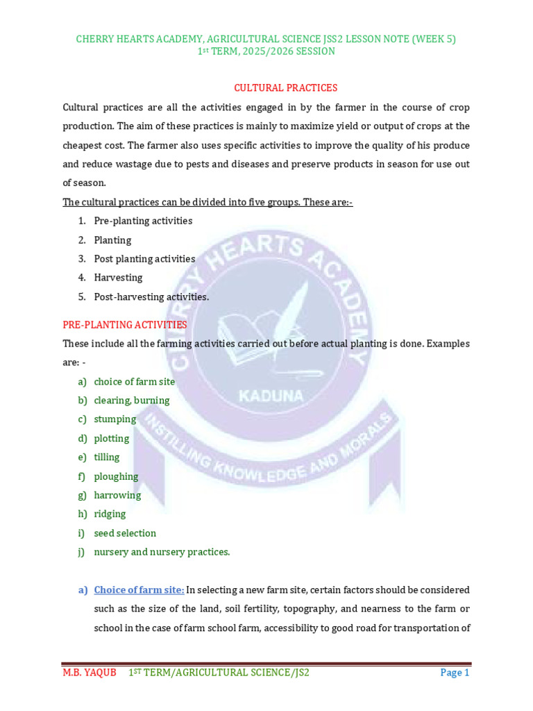 JSS2 WEEK 5 CULTURAL PRACTICES - Pre-Planting Operations | PDF ...
