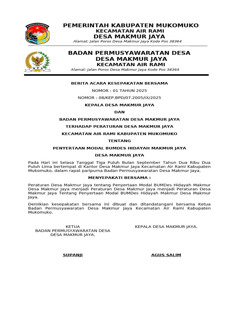 Kesepakatan Bersama BPD | PDF