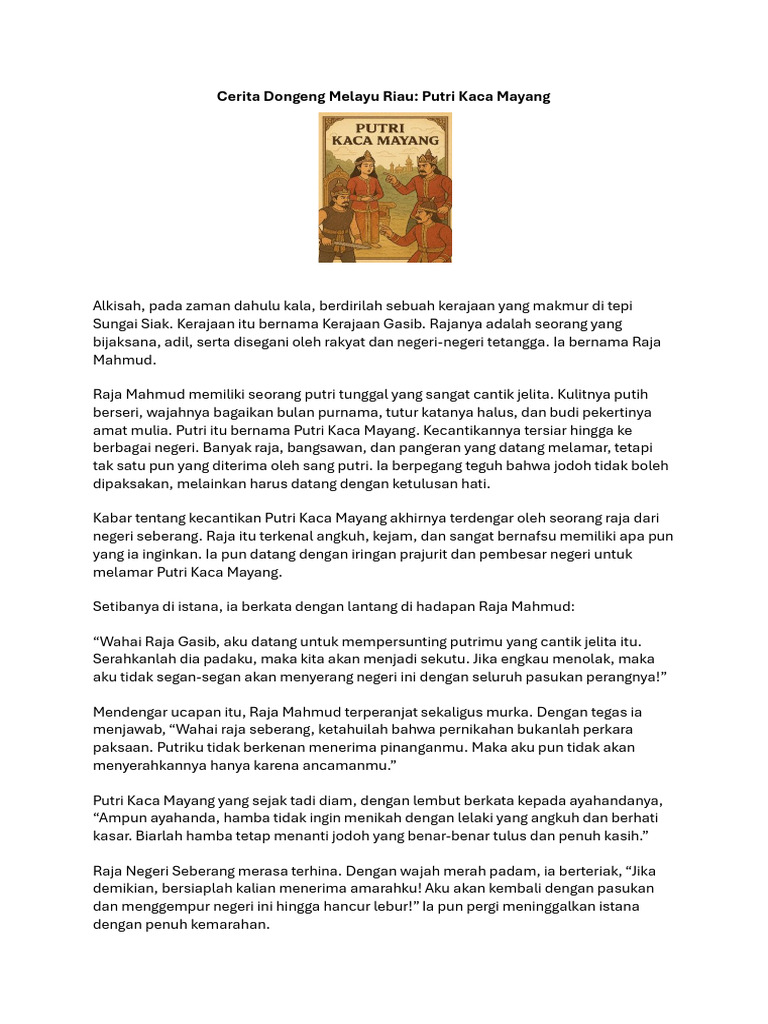 Cerita Dongeng Melayu Riau: Putri Kaca Mayang | PDF