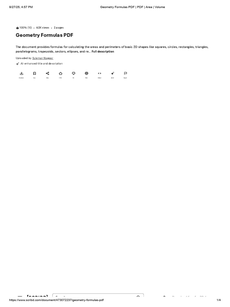 Geometry Formulas PDF - PDF - Area - Volume | PDF | Area | Geometry
