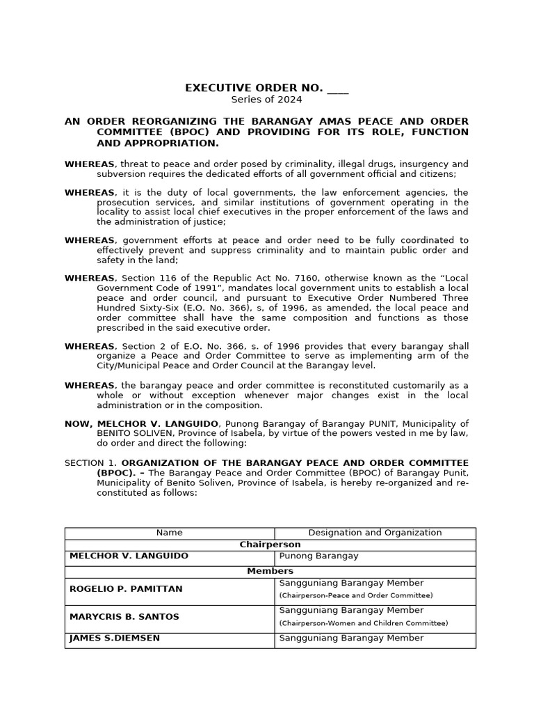 Executive Order No. 28, S. 2024 (Reorganizing of Bpoc) | PDF ...