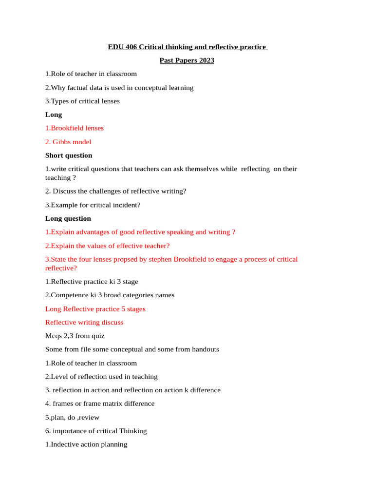 EDU406 Past Paper QS by ZH | PDF | Reflective Practice | Liberal Arts ...