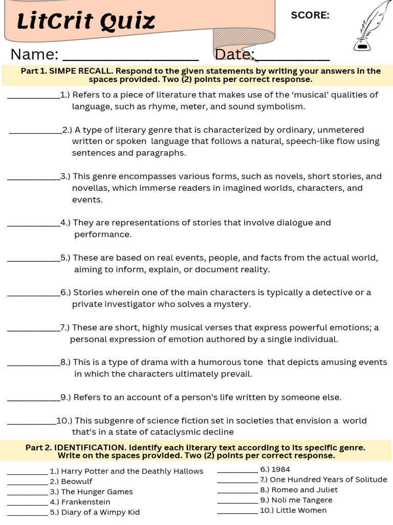 Literary Genres and Quiz Guide | PDF