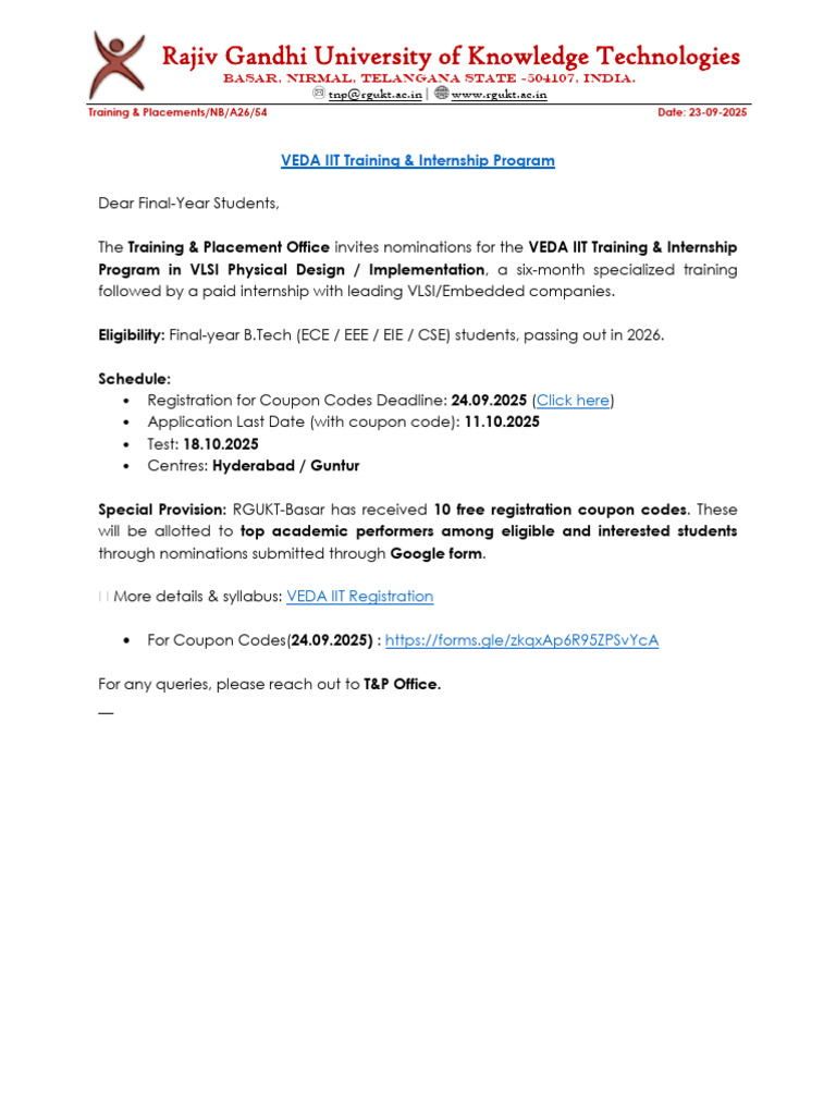 VEDA IIT Exam Date and Registration 2025 | PDF